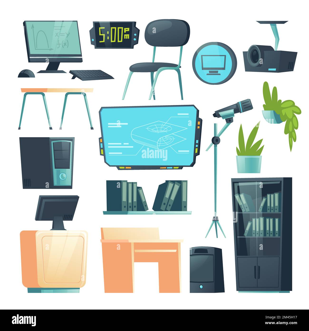 Furniture in school computer classroom. Vector cartoon set of college ...