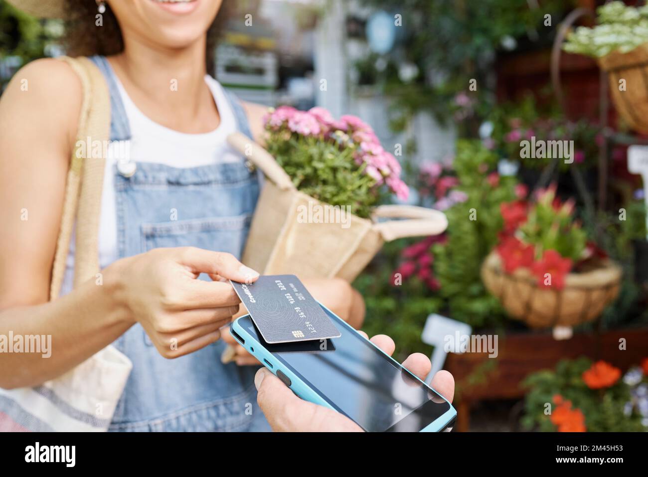 Customer, shopping and credit card for florist shop payment with POS ...