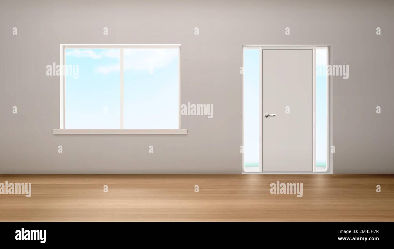 Hallway interior with window and door with glass panels. Empty modern ...