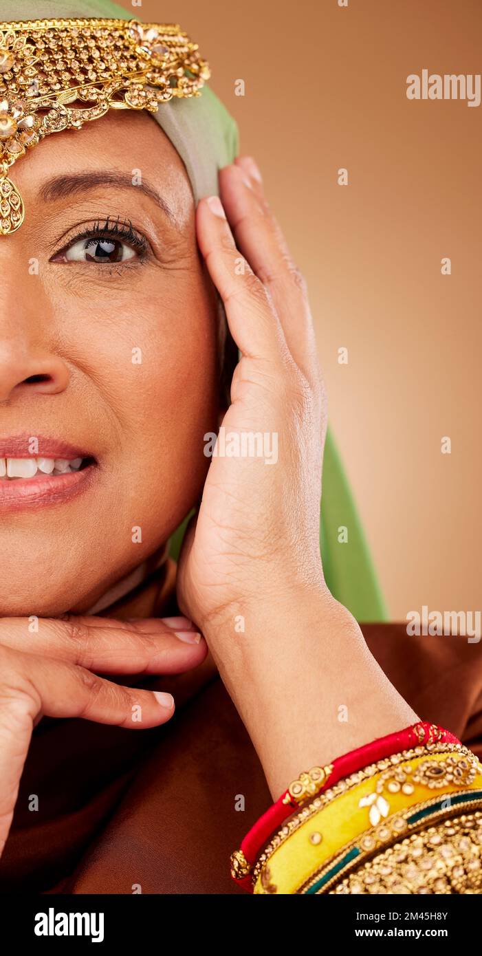 Beauty, fashion and half face of Muslim woman for Arabic, luxury and ...