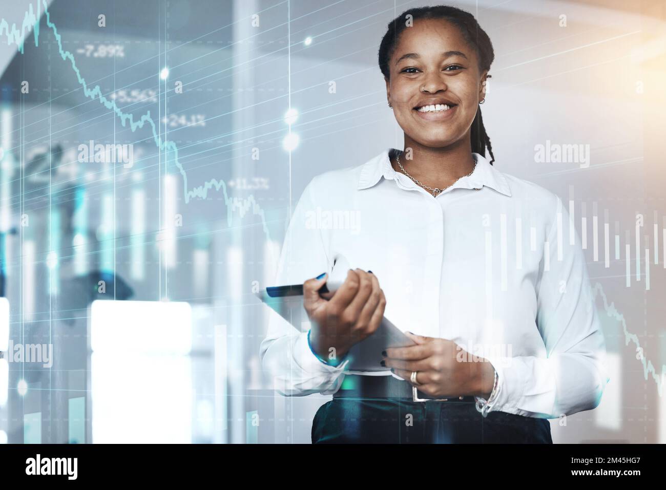 Black woman, tablet and stock market trading, hologram and forex data ...