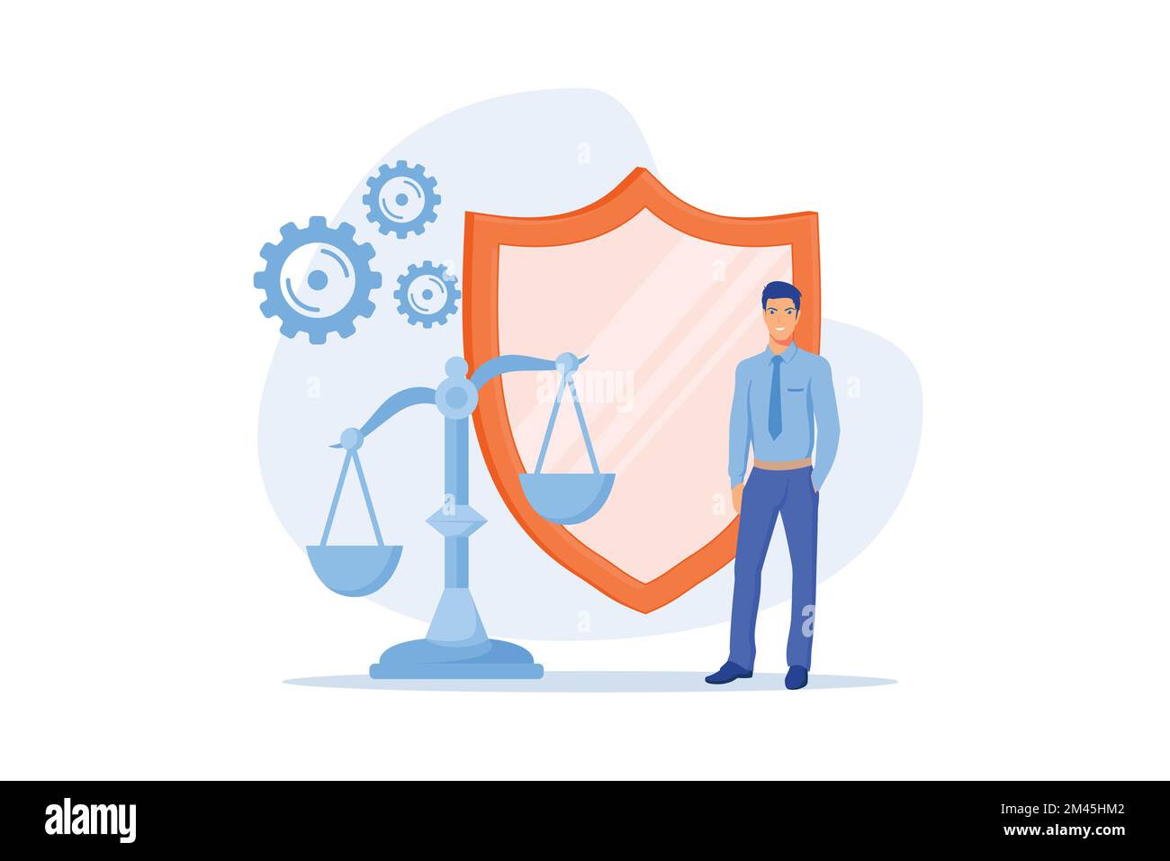 Honesty as moral value concept. Man stands next to large shield and ...