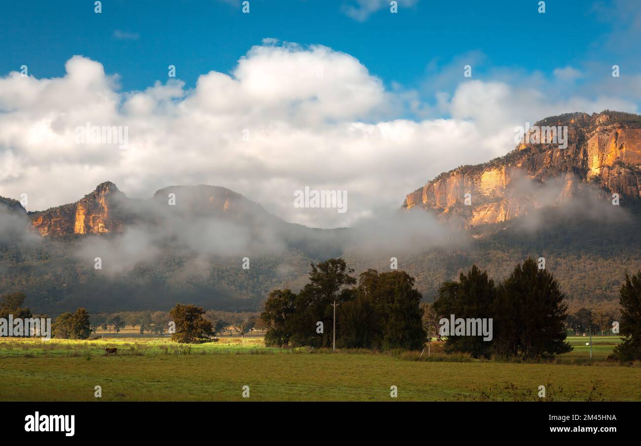 Fog rising up from the Capertee Valley, the area is green after recent ...