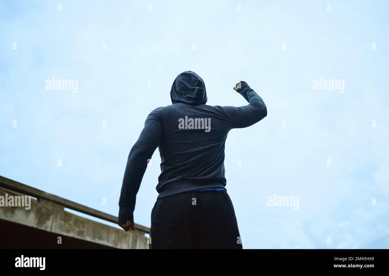 Sport, success and fitness man celebrating win, achievement and victory ...