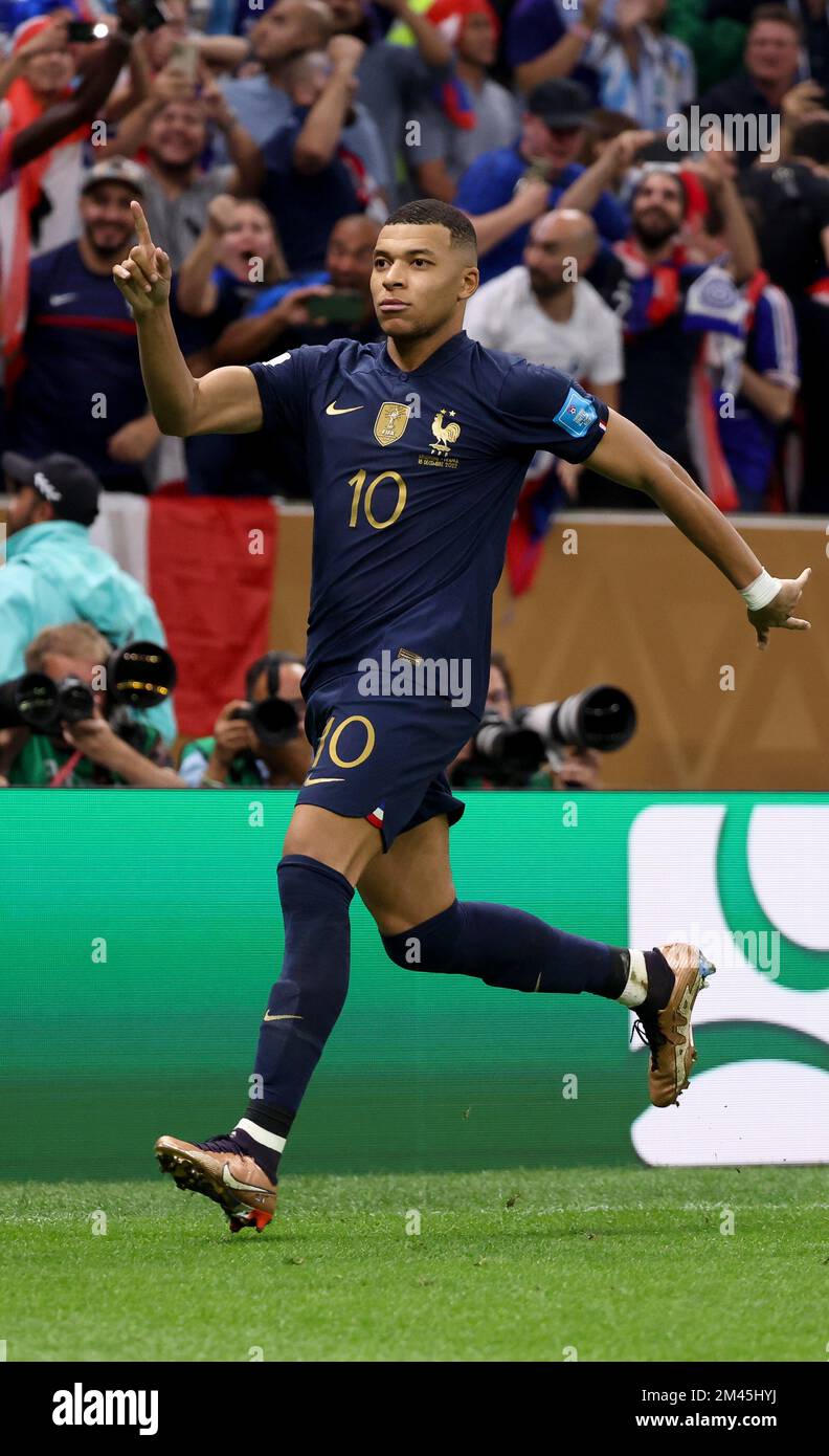 Qatar - 18/12/2022, Kylian Mbappe of France celebrates his third goal ...