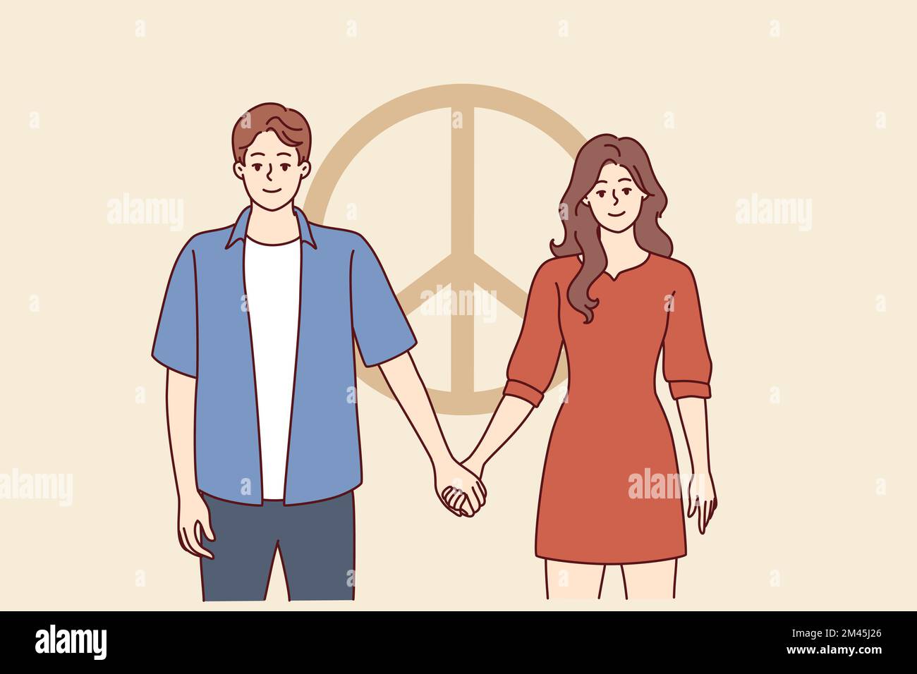 Man and woman dressed in casual style hold hands standing near symbol ...