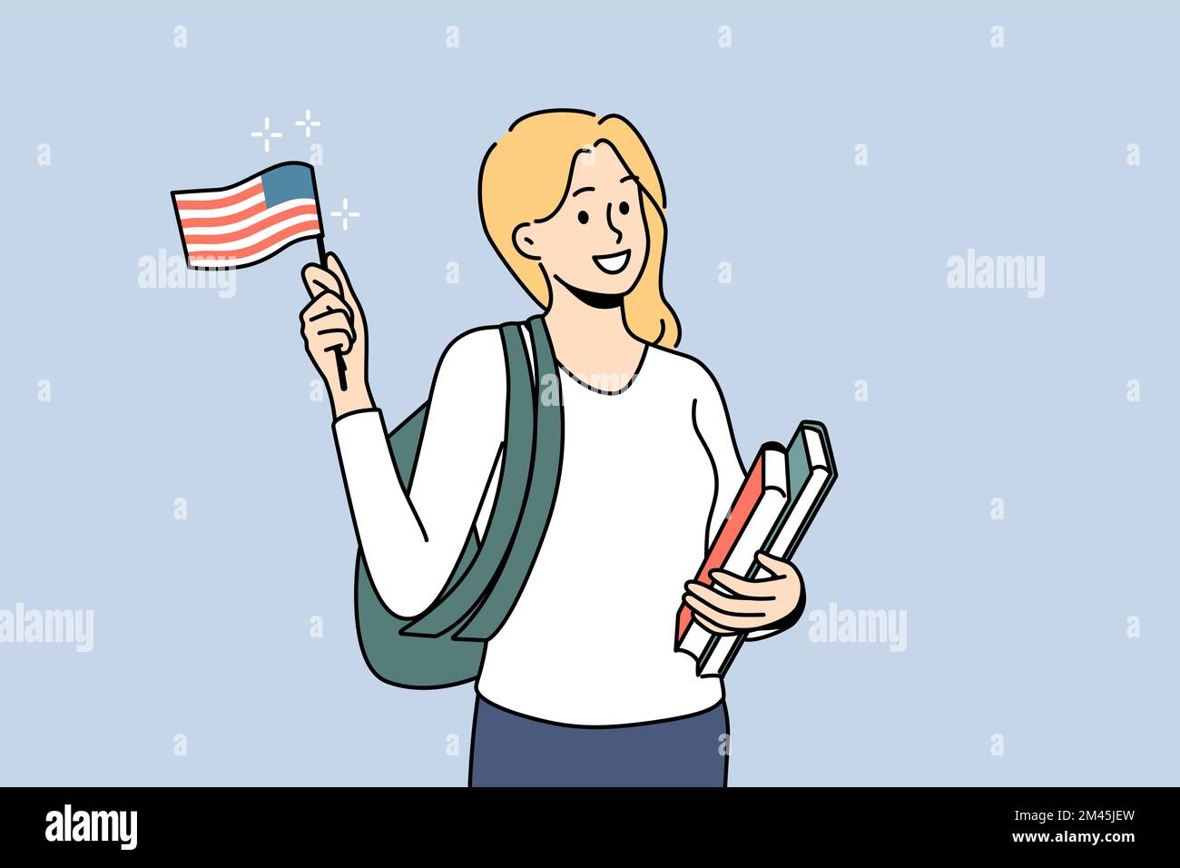 Smiling girl student with backpack and books holding American flag in ...