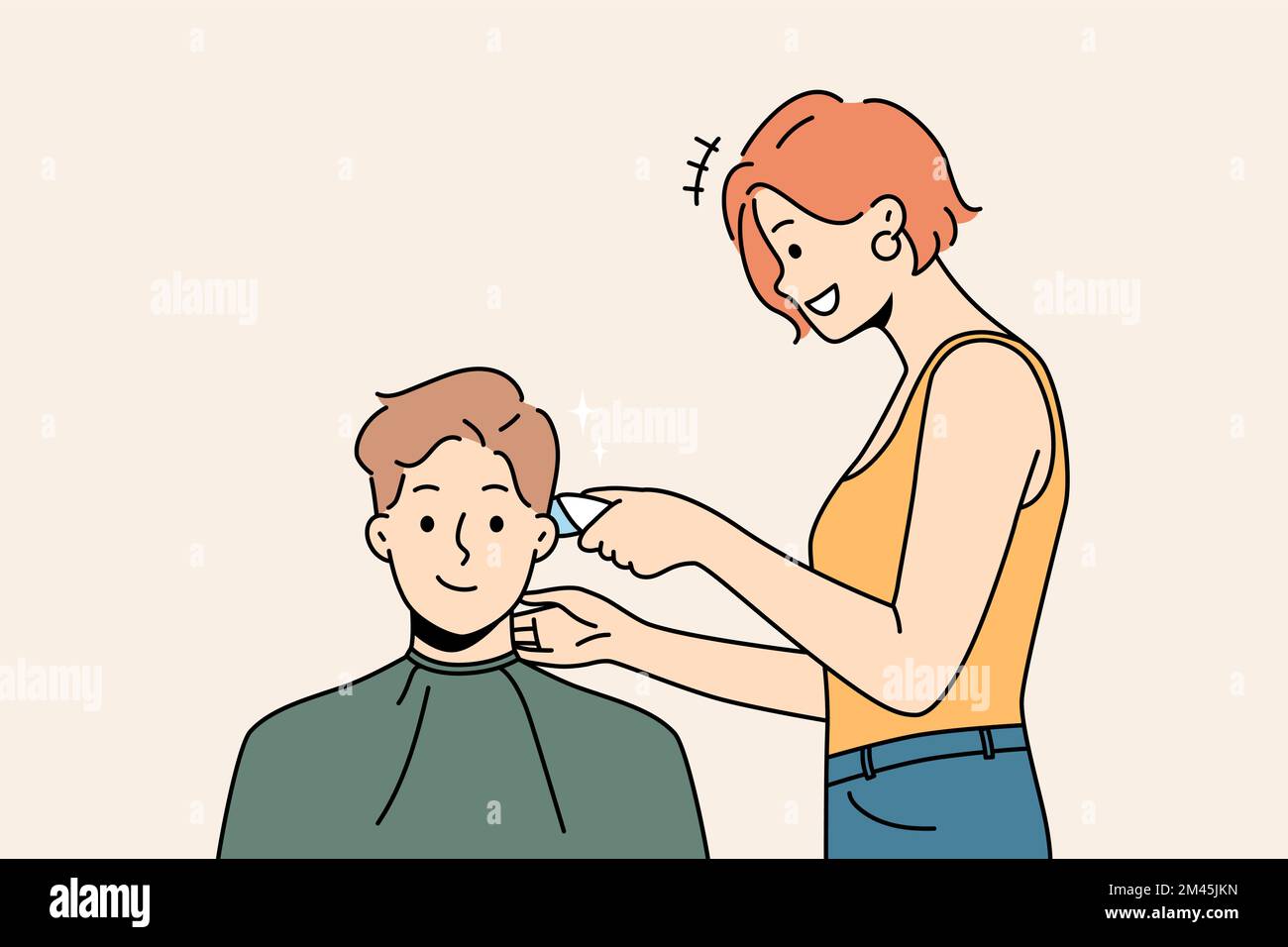 Smiling male client get hairdo in barbershop. Female barber give ... Smiling male client get hairdo in barbershop. Female barber give ...