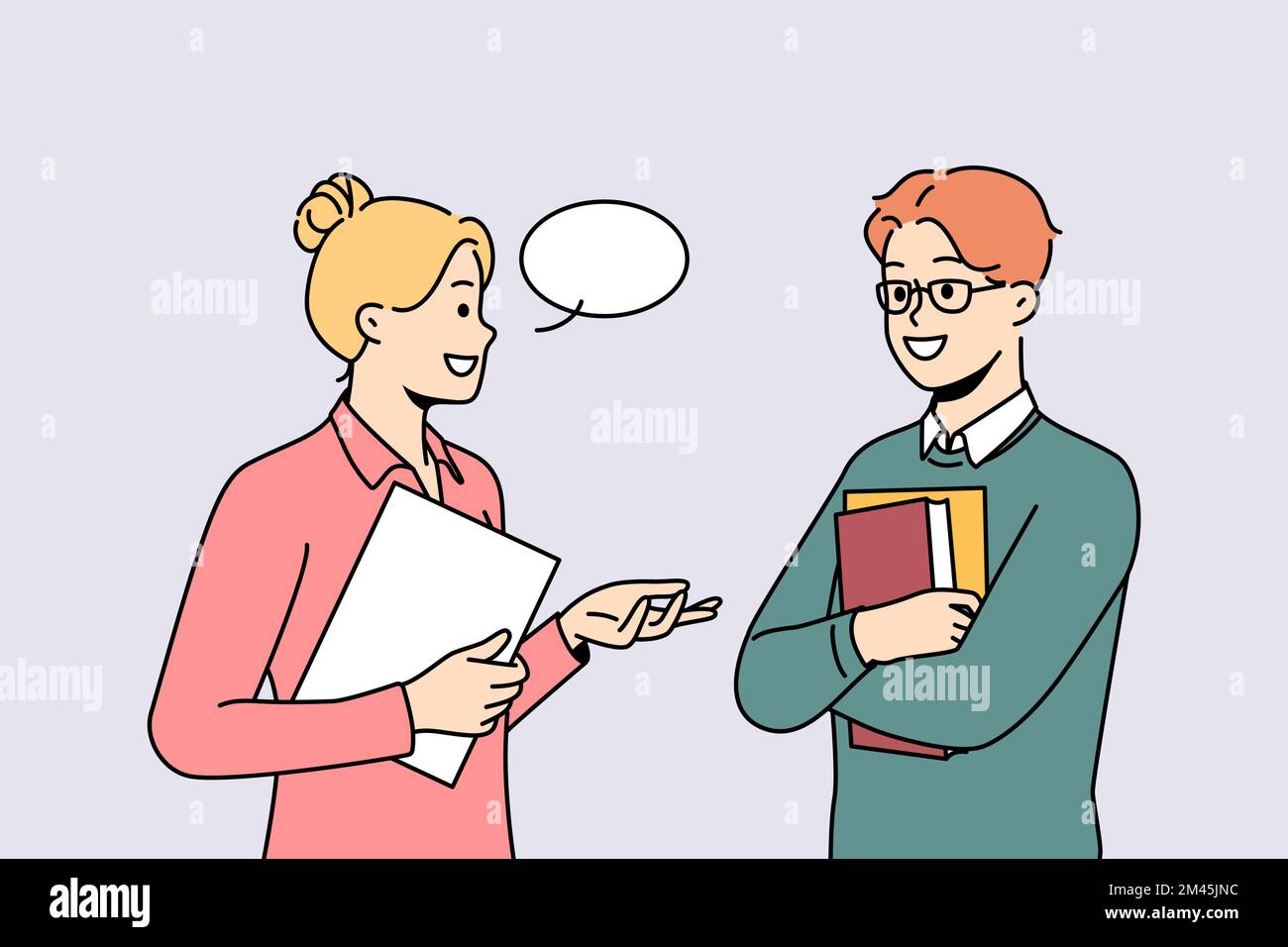 Smiling businesspeople with speech bubble above head communicate in ...