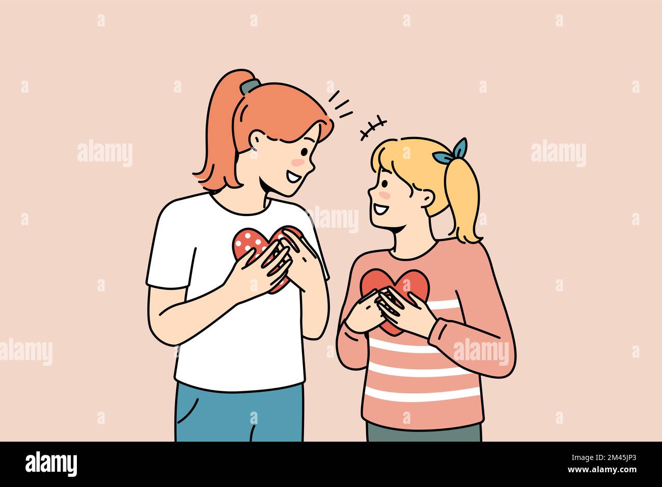 Happy girls kids holding paper heart in hands showing love and care ...