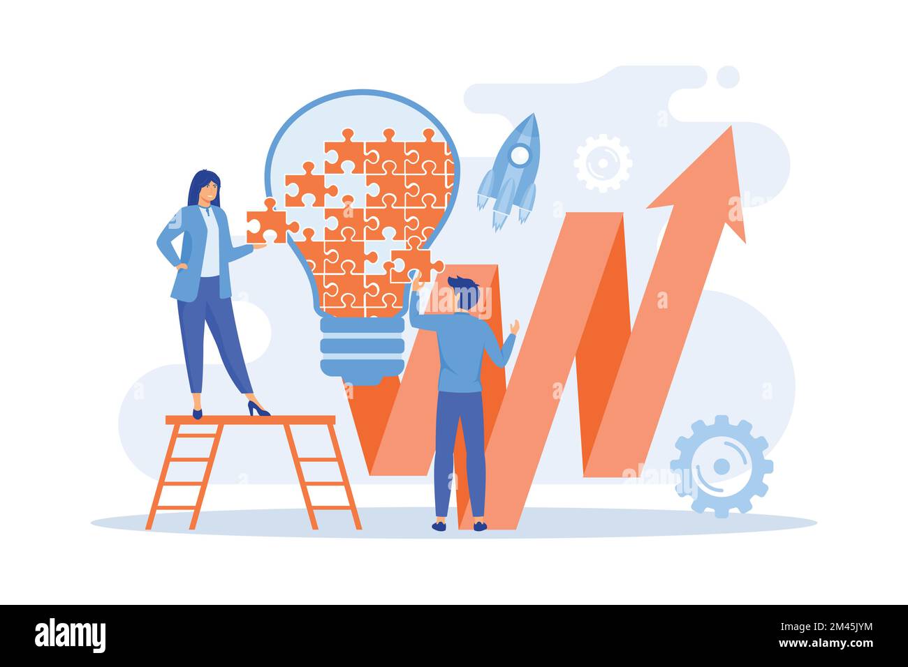 Business team doing lightbulb from jigsaw puzzle and rising arrow ...