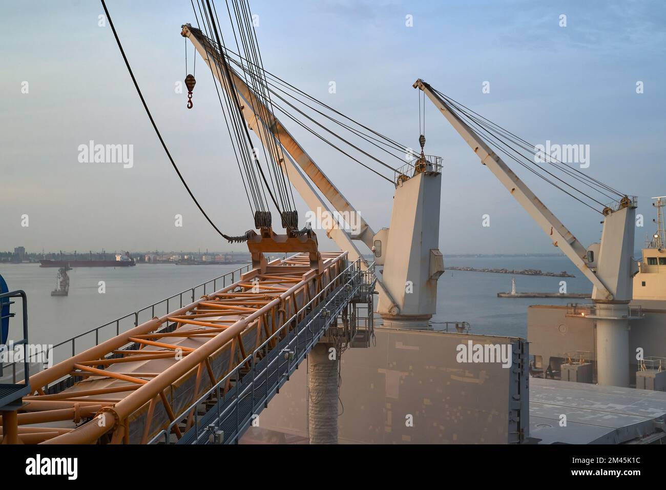 Port grain elevator. Industrial sea trading port bulk cargo zone grain ...