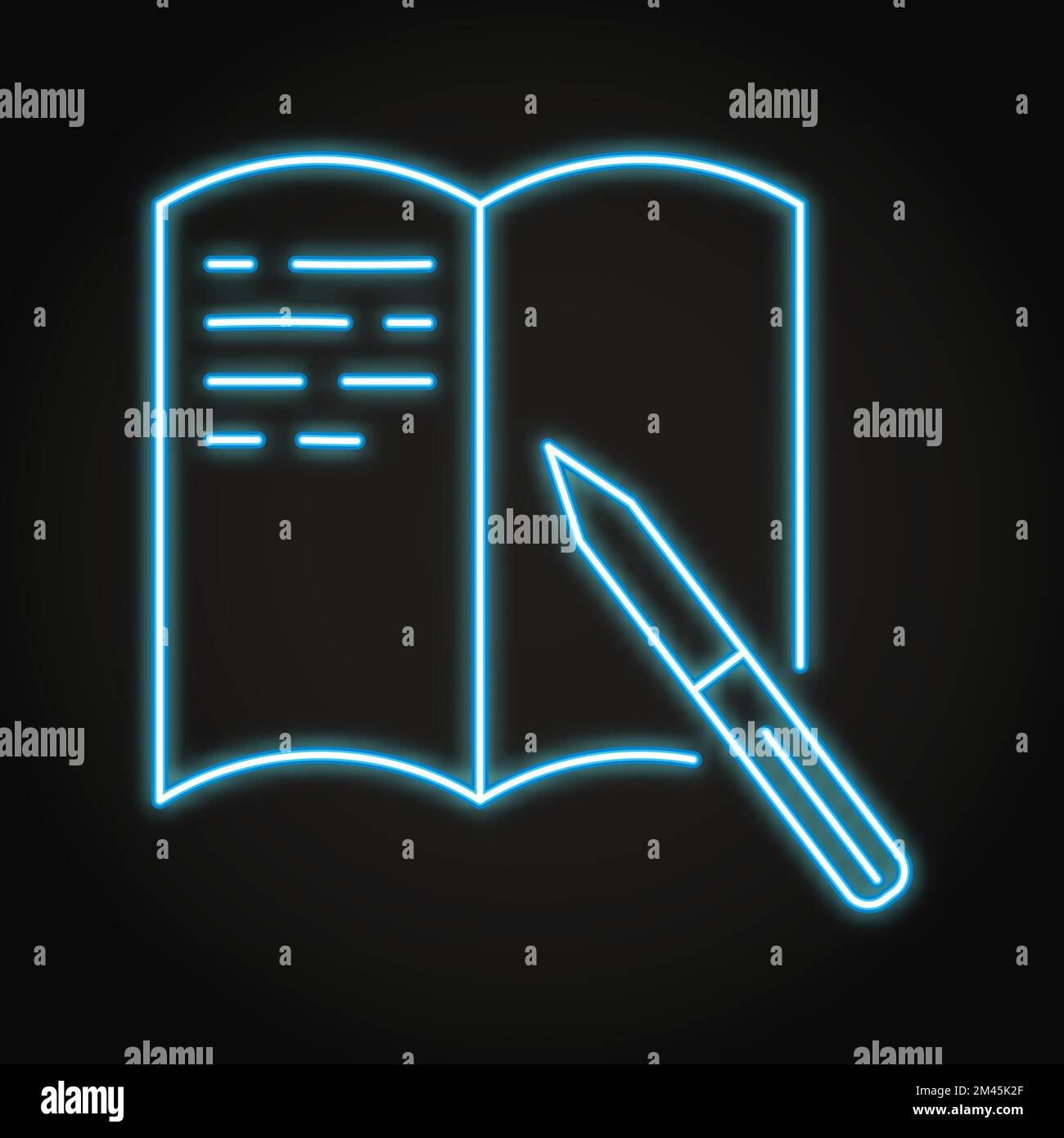 Write journal or book neon icon in line style. Planning, doing homework ...