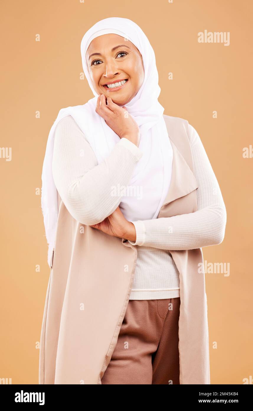 Portrait, Islamic woman and smile for fashion, beauty and relax on ...
