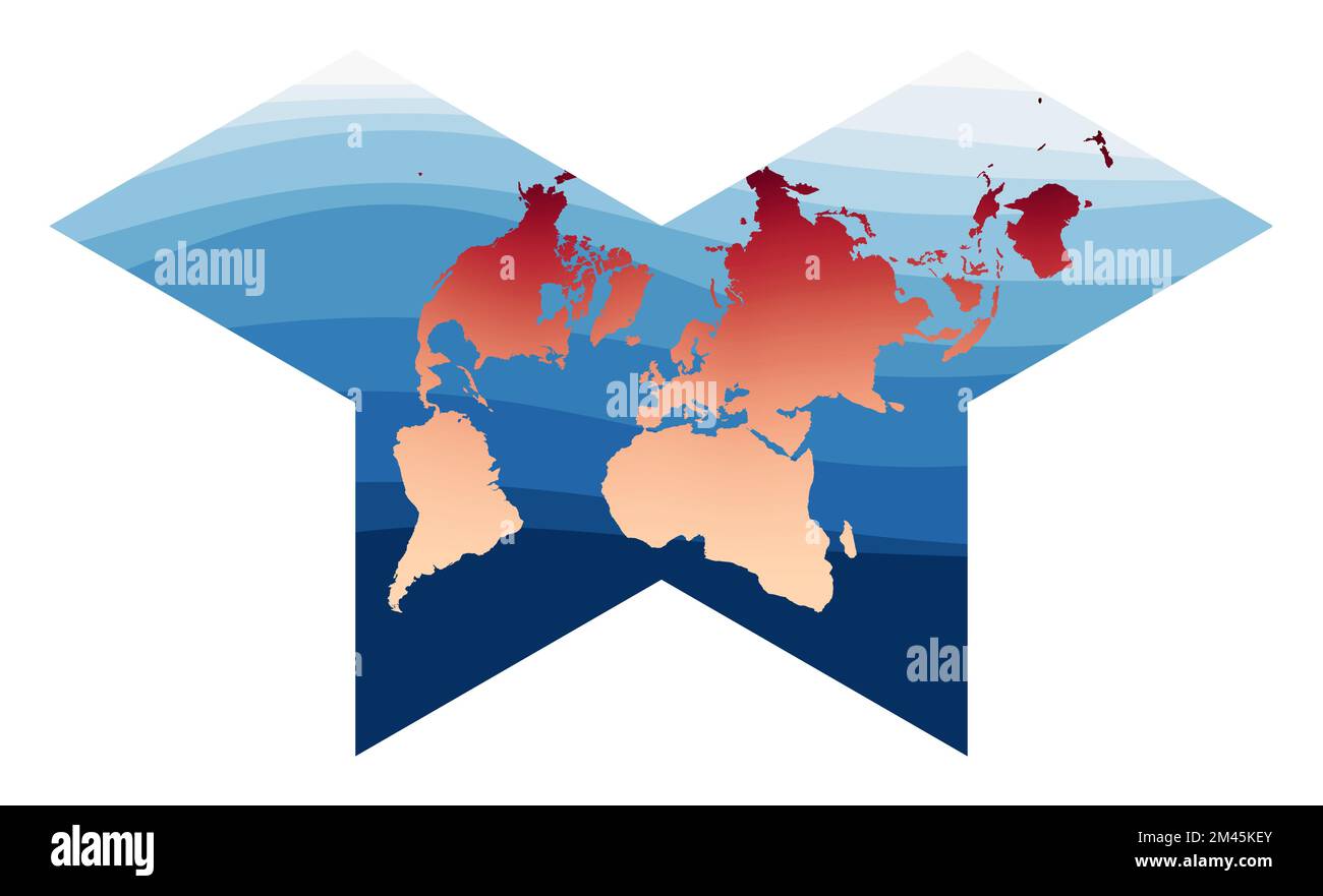World Map Vector. Gnomonic butterfly projection. World in red-orange ...