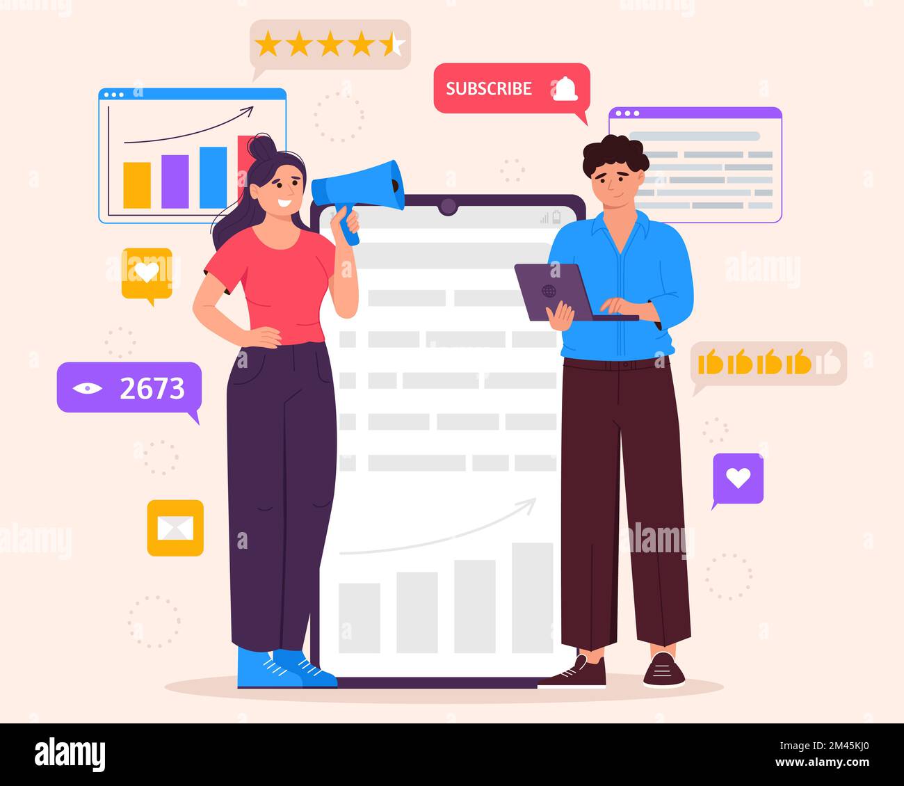 Social media marketing concept with woman with megaphone, man with ...