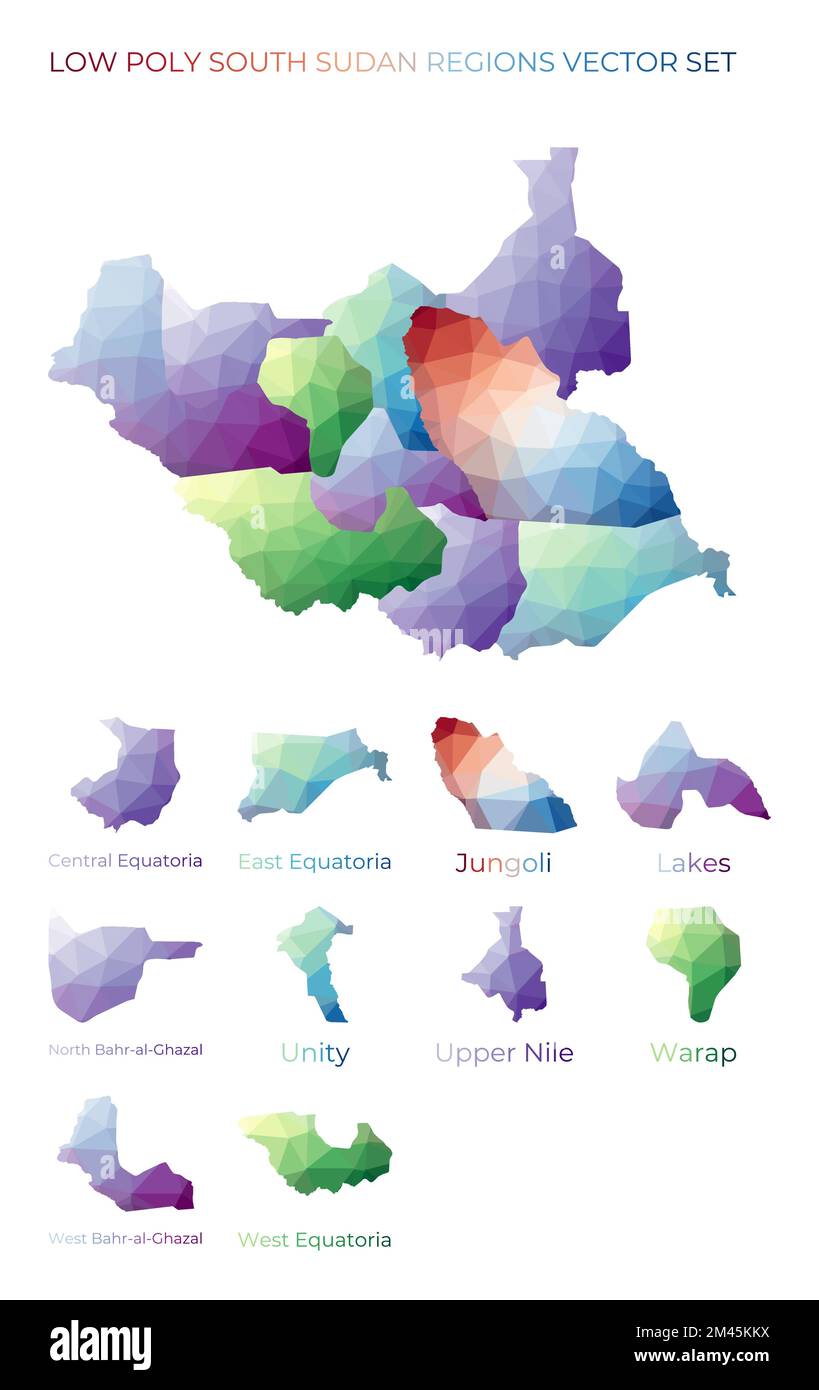 South Sudanese low poly regions. Polygonal map of South Sudan with regions. Geometric maps for ...