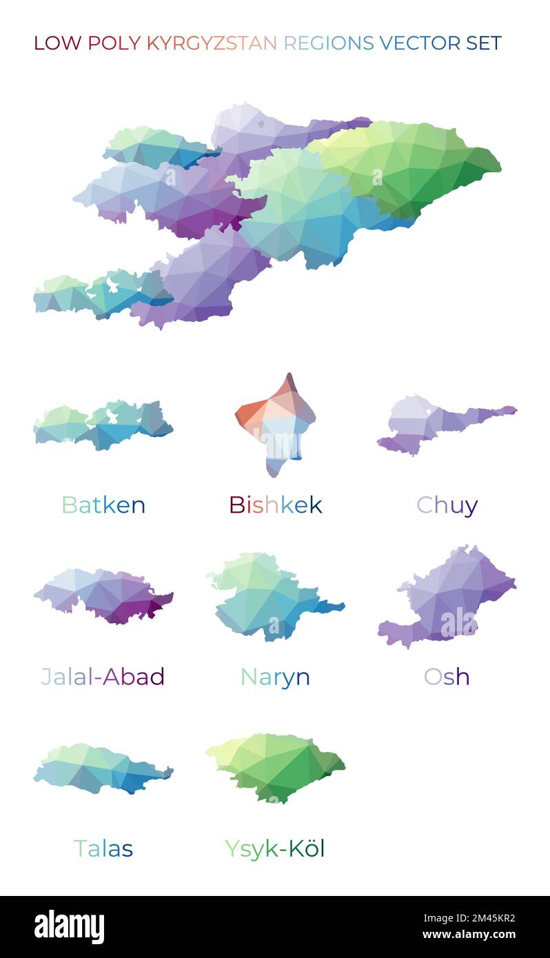 Kyrgyz low poly regions. Polygonal map of Kyrgyzstan with regions. Geometric maps for your ...
