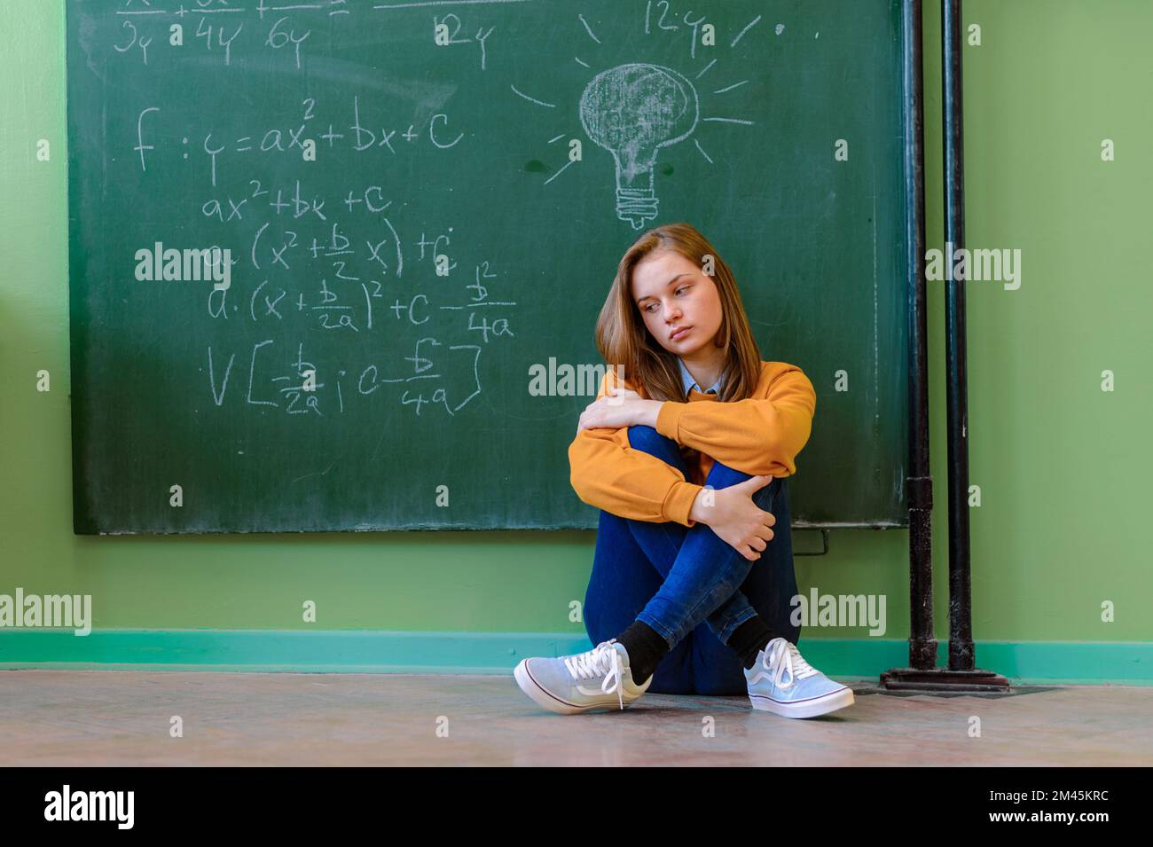 Teenager girl in math class overwhelmed by the math formula. Pressure ...