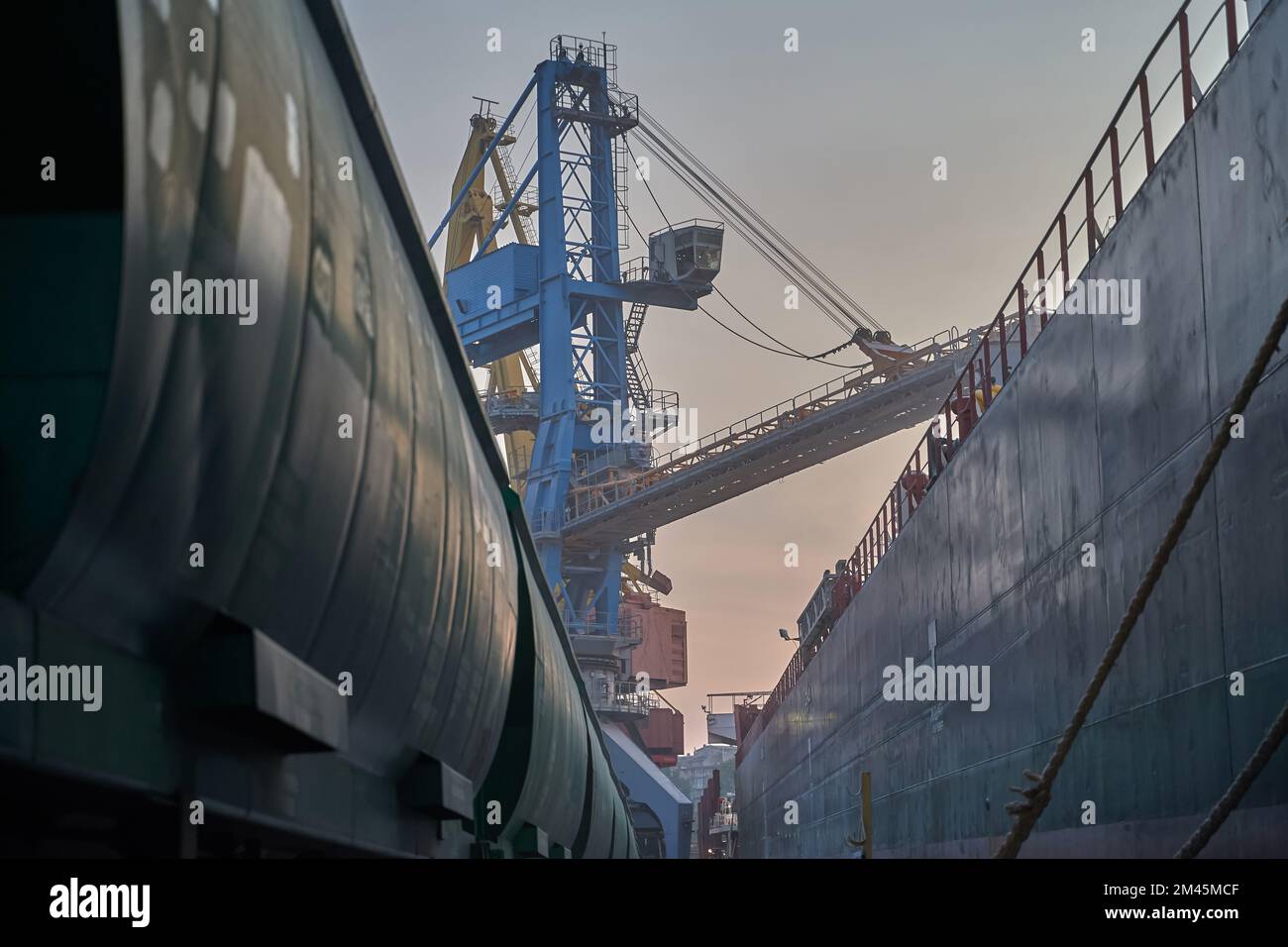 Port grain elevator. Industrial sea trading port bulk cargo zone ...