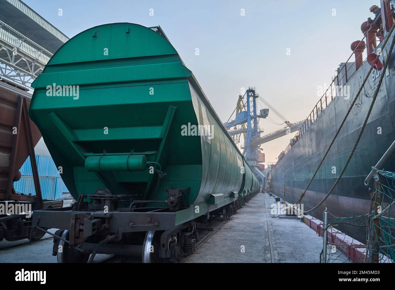Port grain elevator. Industrial sea trading port bulk cargo zone ...