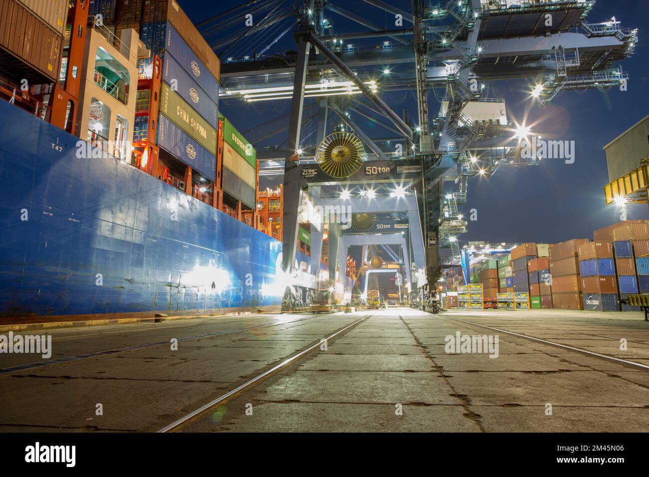 Odessa, Ukraine SIRCA 2018: operation of container terminal at night ...