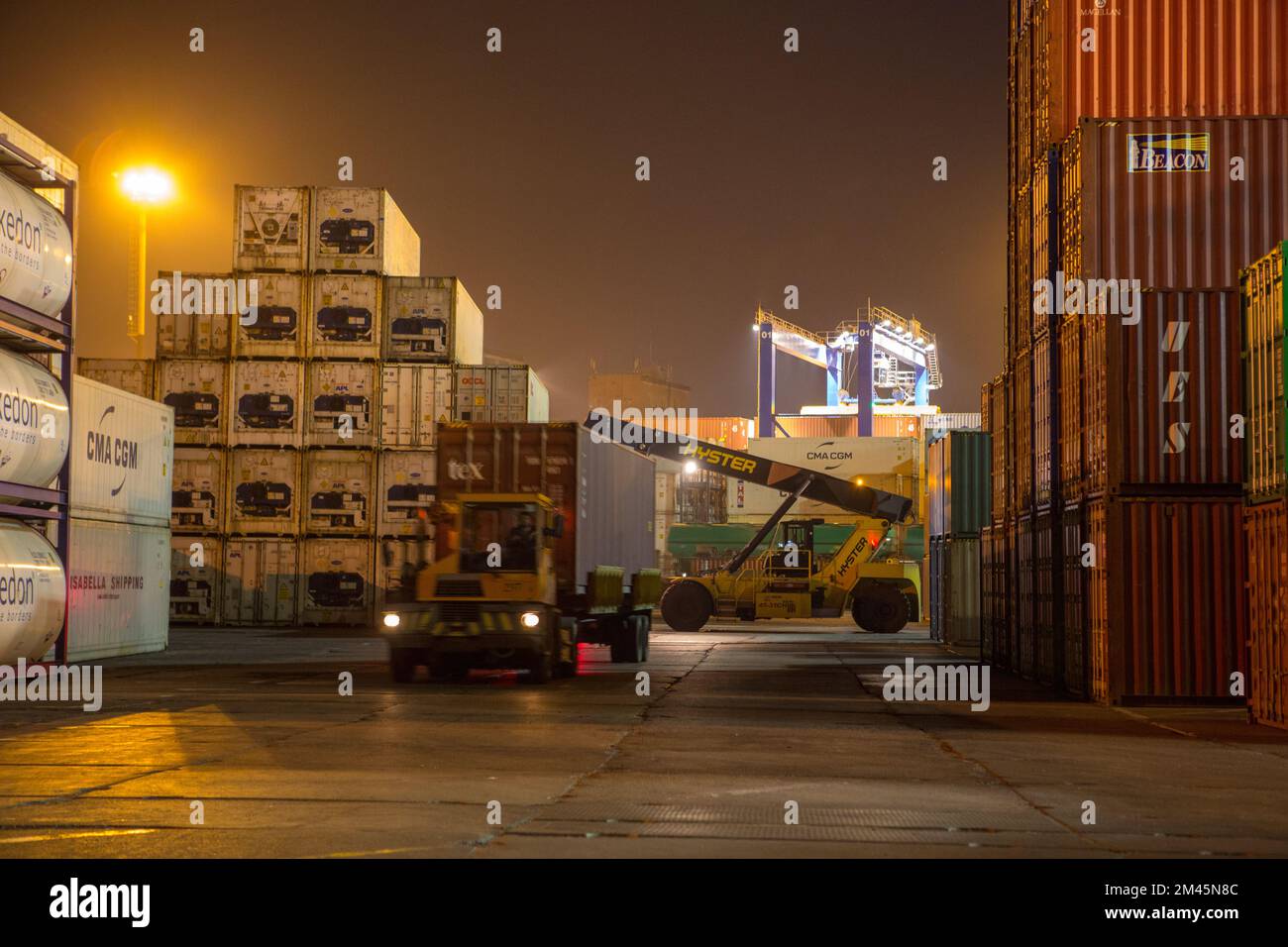 Odessa, Ukraine SIRCA 2018: Reach Stacker during operation. Reach-stacker container loader ...