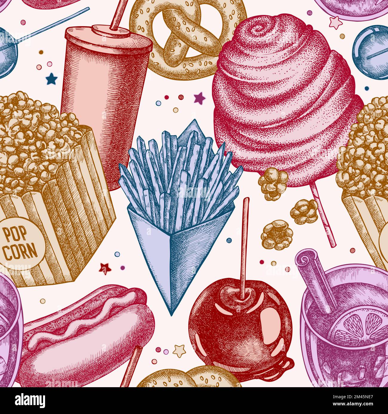 Carnival food seamless pattern background design. Engraved style. Hand ...