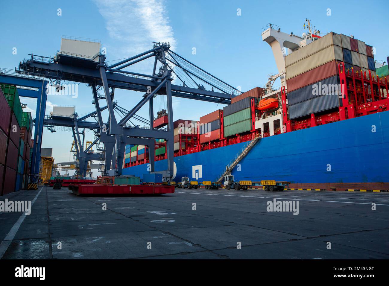 Container ship in port at container terminal. Ships of container ships ...