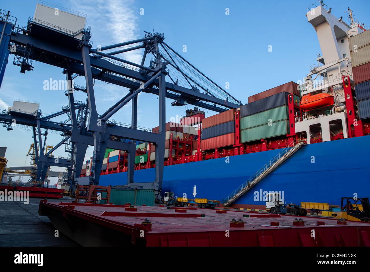 Container ship in port at container terminal. Ships of container ships ...
