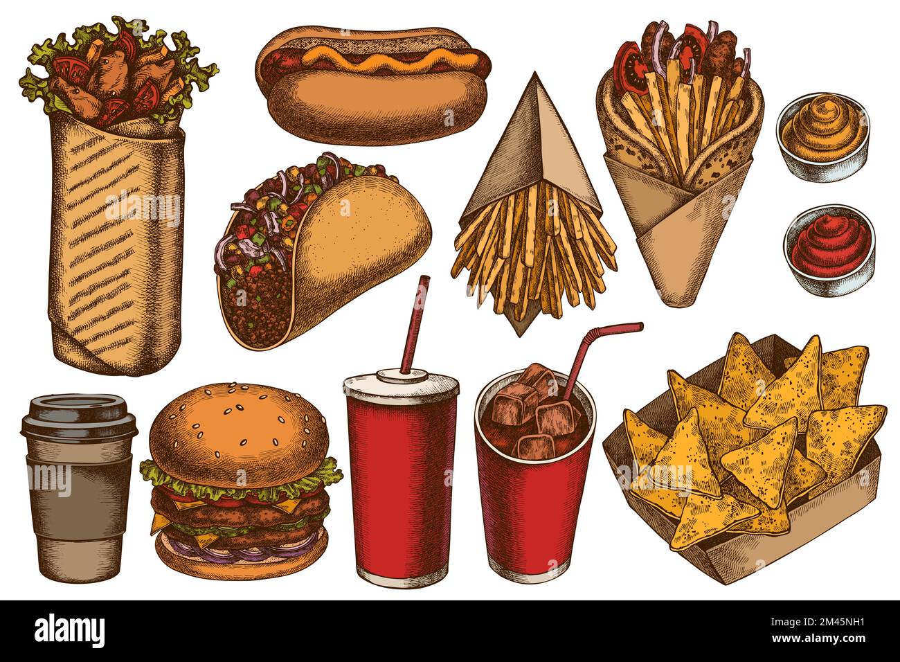 Street food hand drawn vector illustrations collection. Colored sauces ...