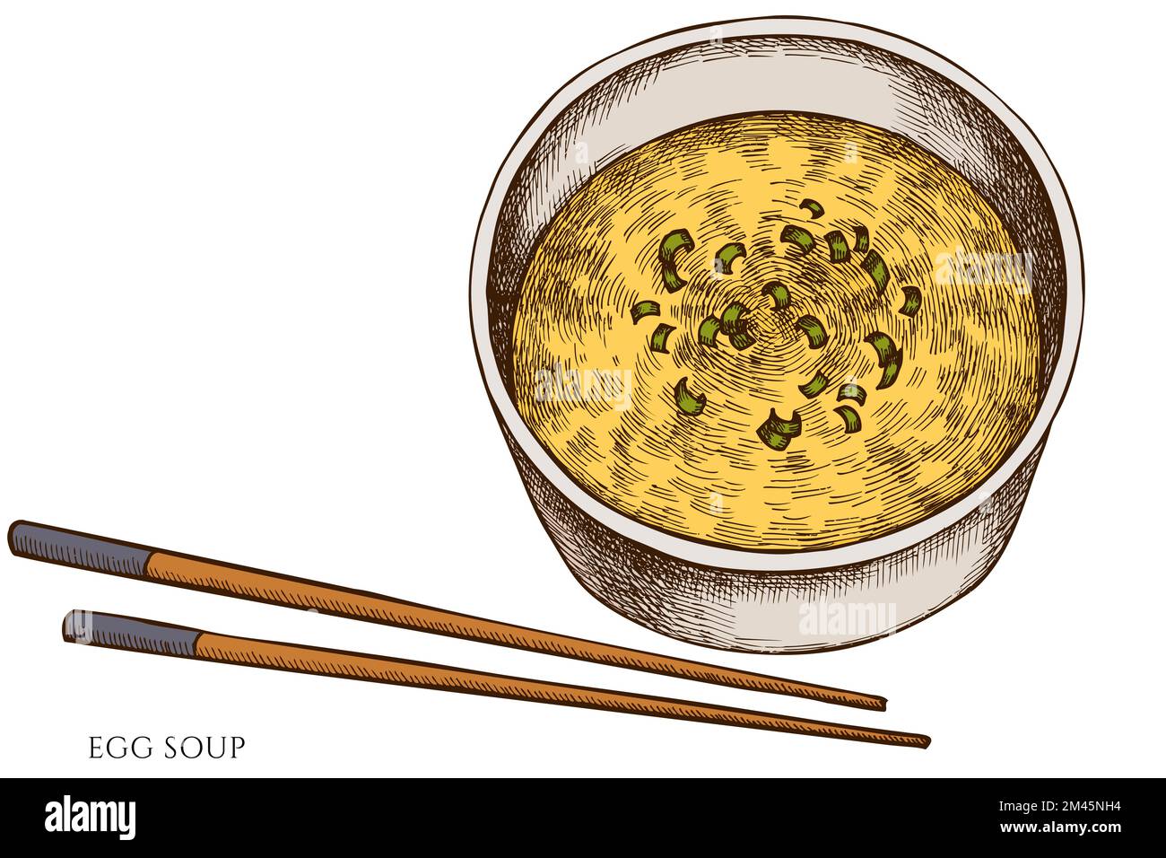 Asian food hand drawn vector illustrations collection. Colored egg soup ...