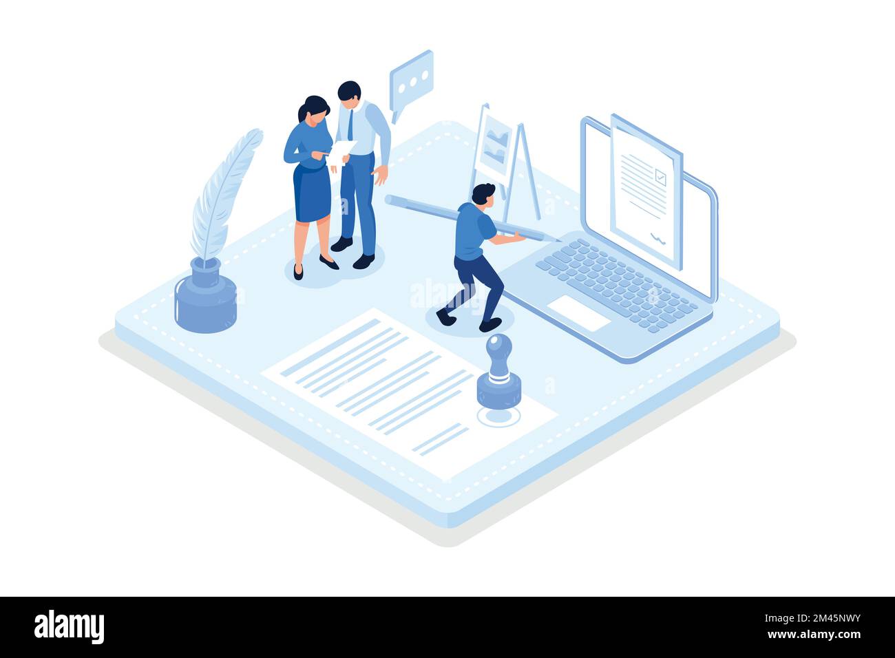 Contracts, People reading and signing contract terms and conditions, isometric vector modern ...