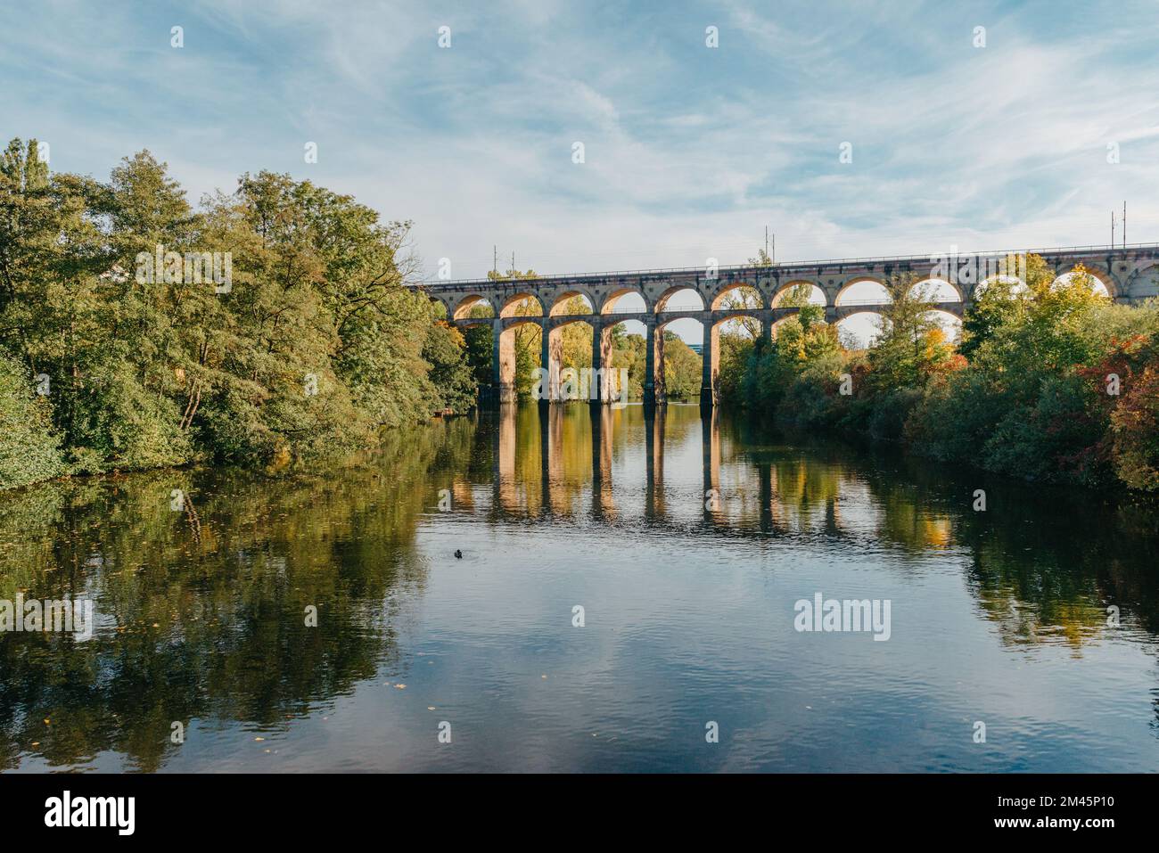 Railway Bridge with river in Bietigheim-Bissingen, Germany. Autumn ...