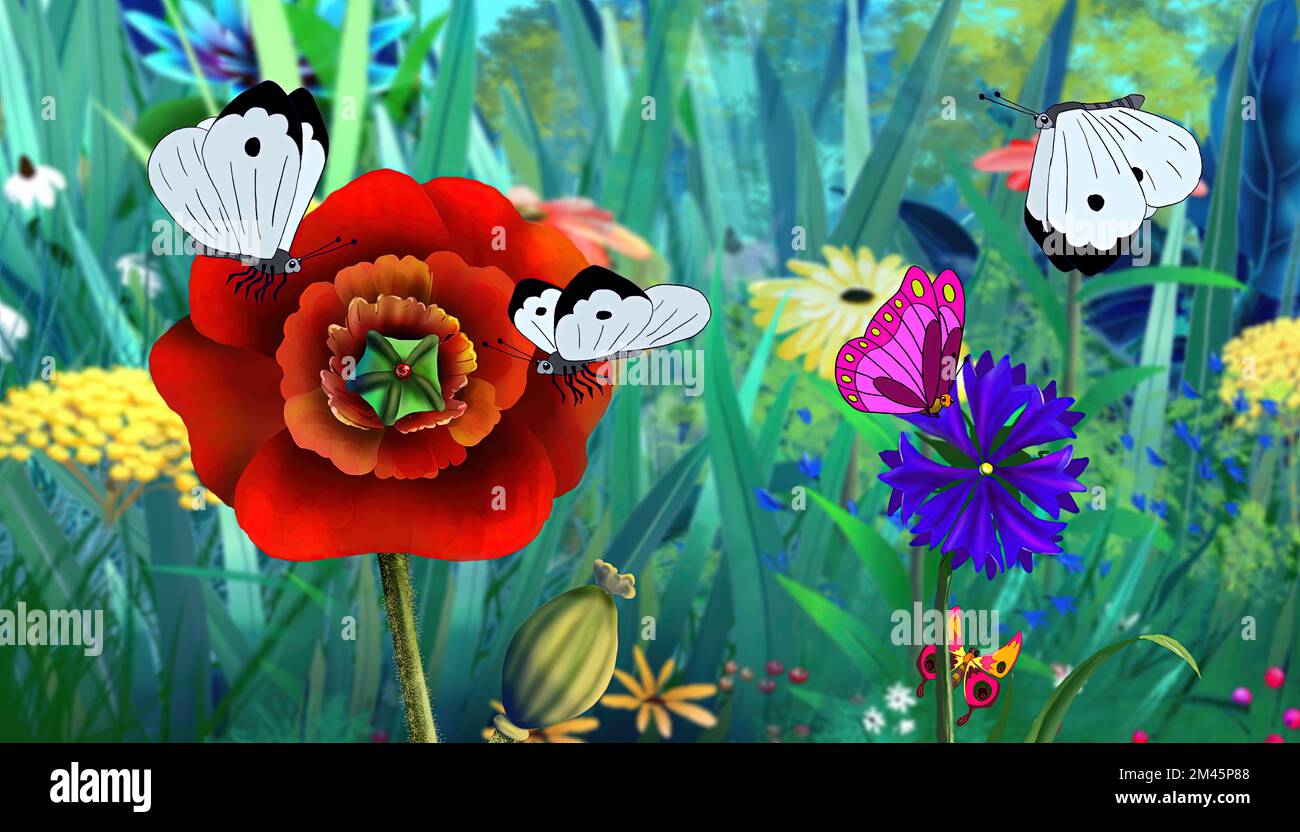 White Butterfly Flew on a Flower. Digital painting cartoon style full ...