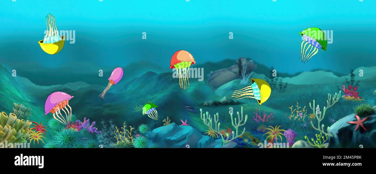 Multi colored Jellyfish in a sea at day. Digital painting, illustration ...