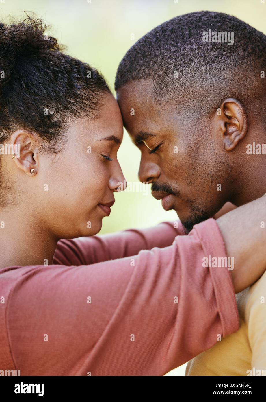 Black couple, close face and love with hug, trust and forehead touch ...