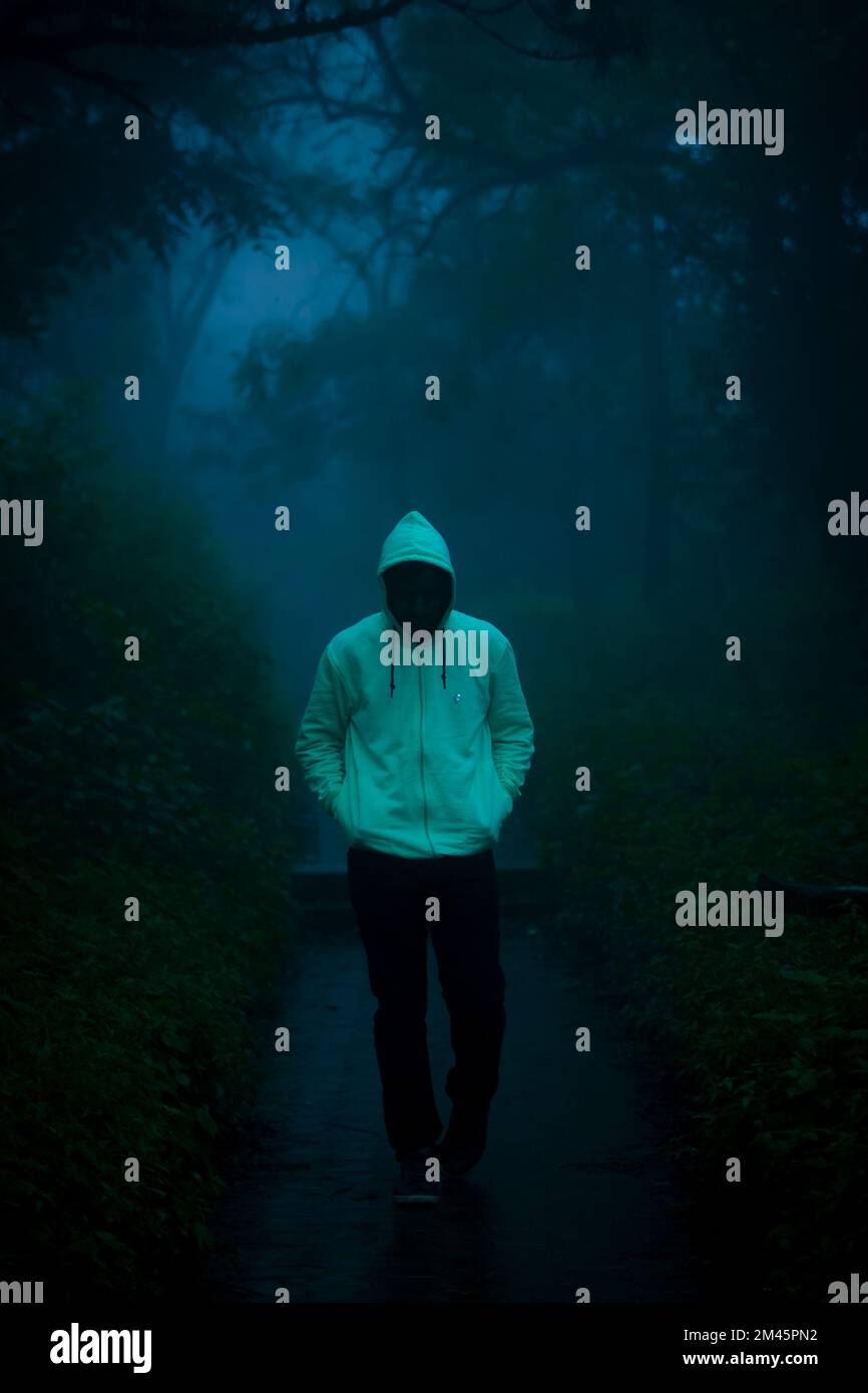A vertical of a man wearing a hoodie standing alone in a foggy forest ...