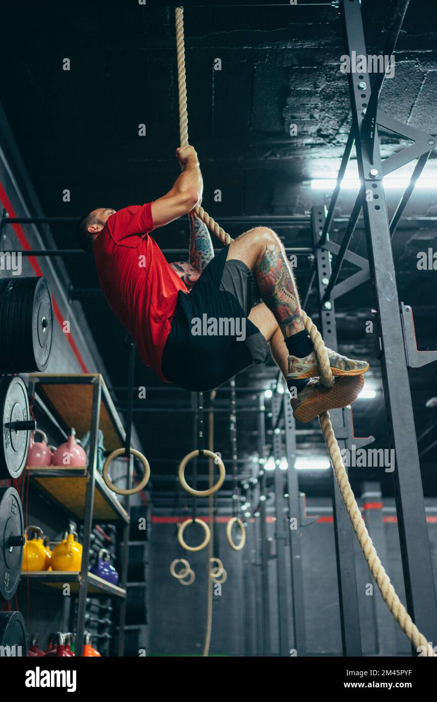 Vertical photo of a man climbing a rope in a gymnasium Stock Photo - Alamy