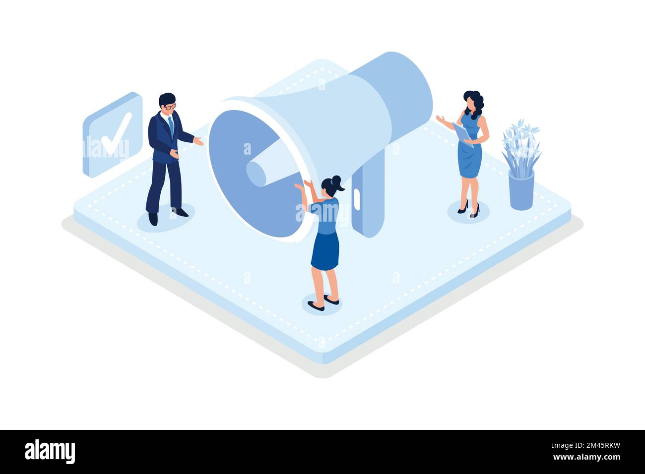 Social media promotion scenes. Characters using big loudspeaker to ...