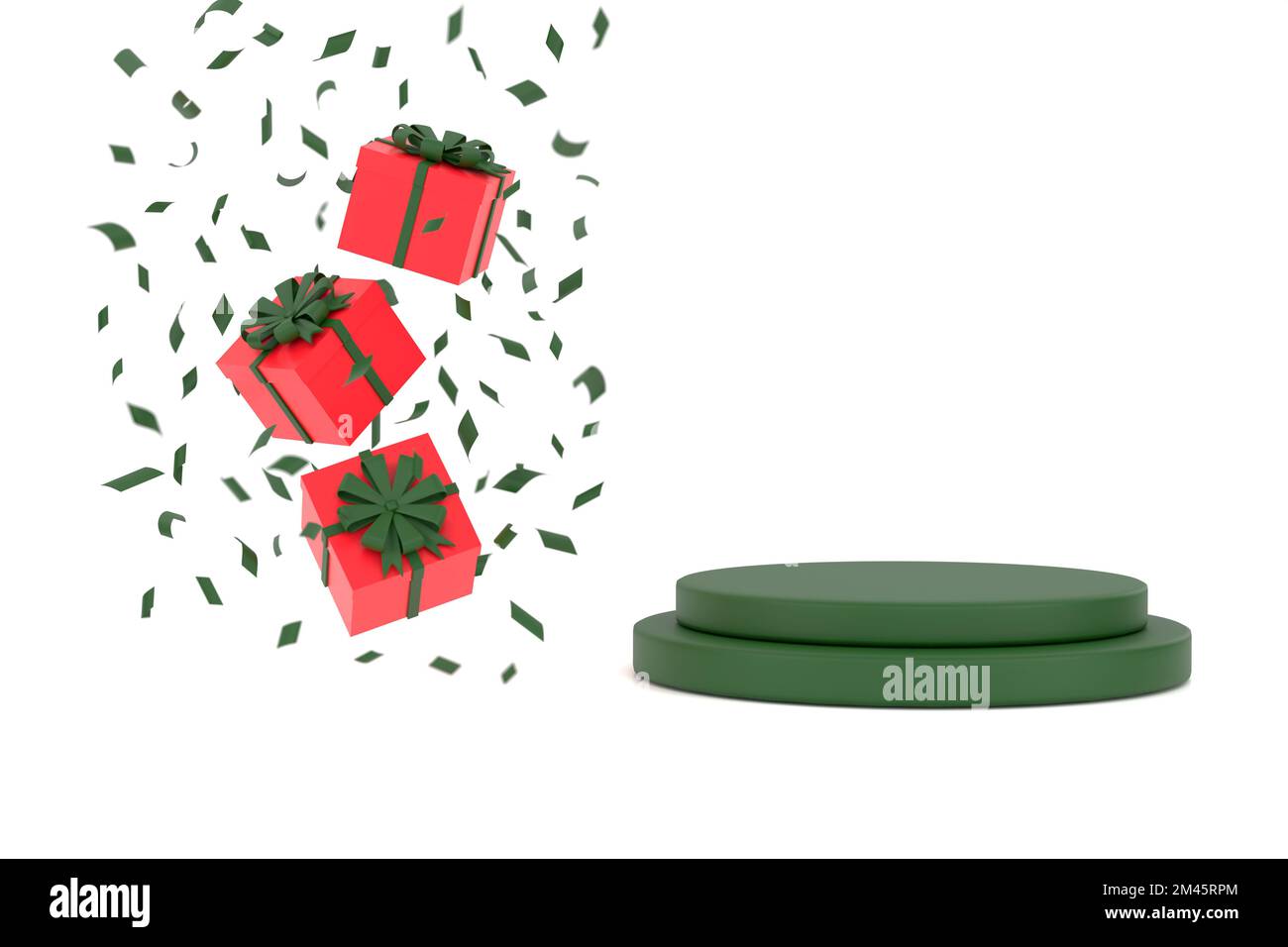3D. Christmas style Product podium scene with flying falling gift box ...