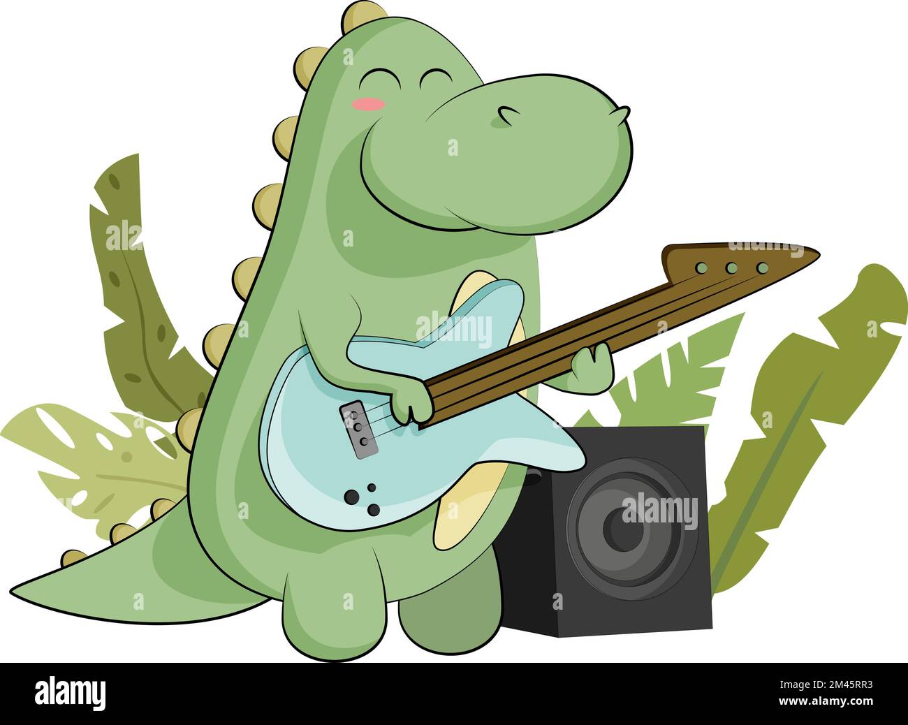 Cute green dinosaur playing electric guitar in illustration Stock ...