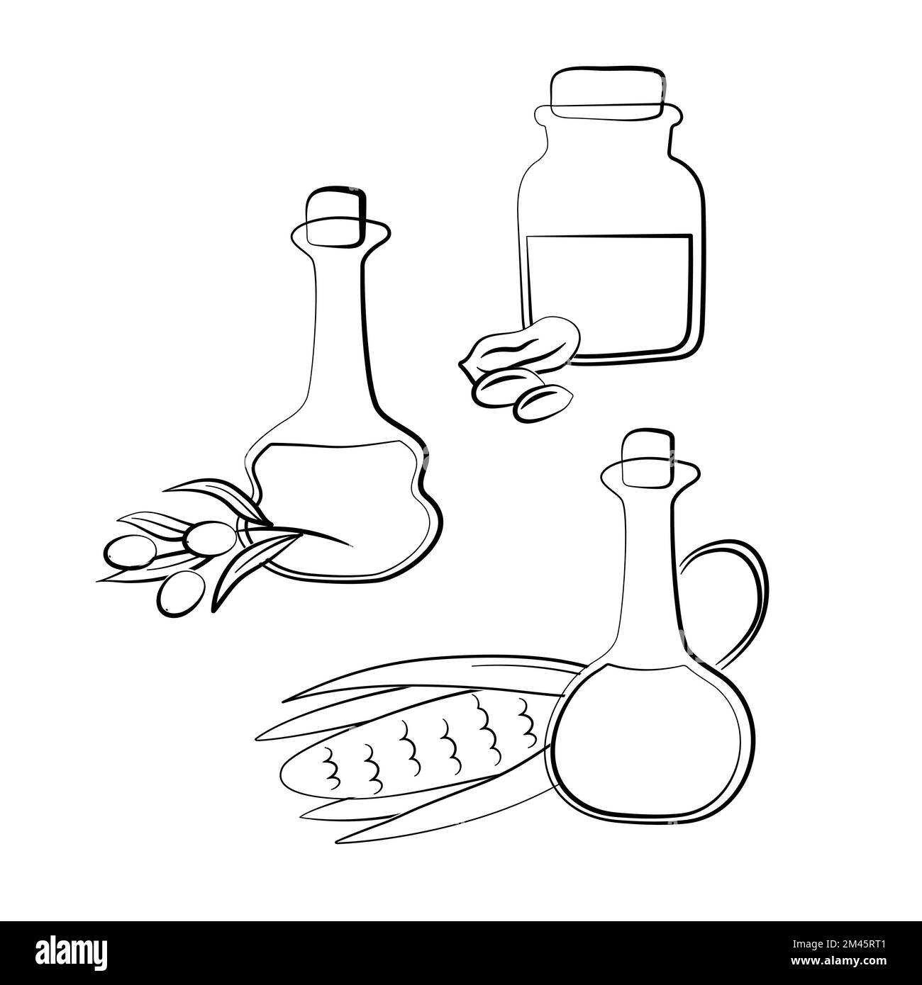 Oil bottle set. Olive peanut corn oil icon. Flat vector illustration ...
