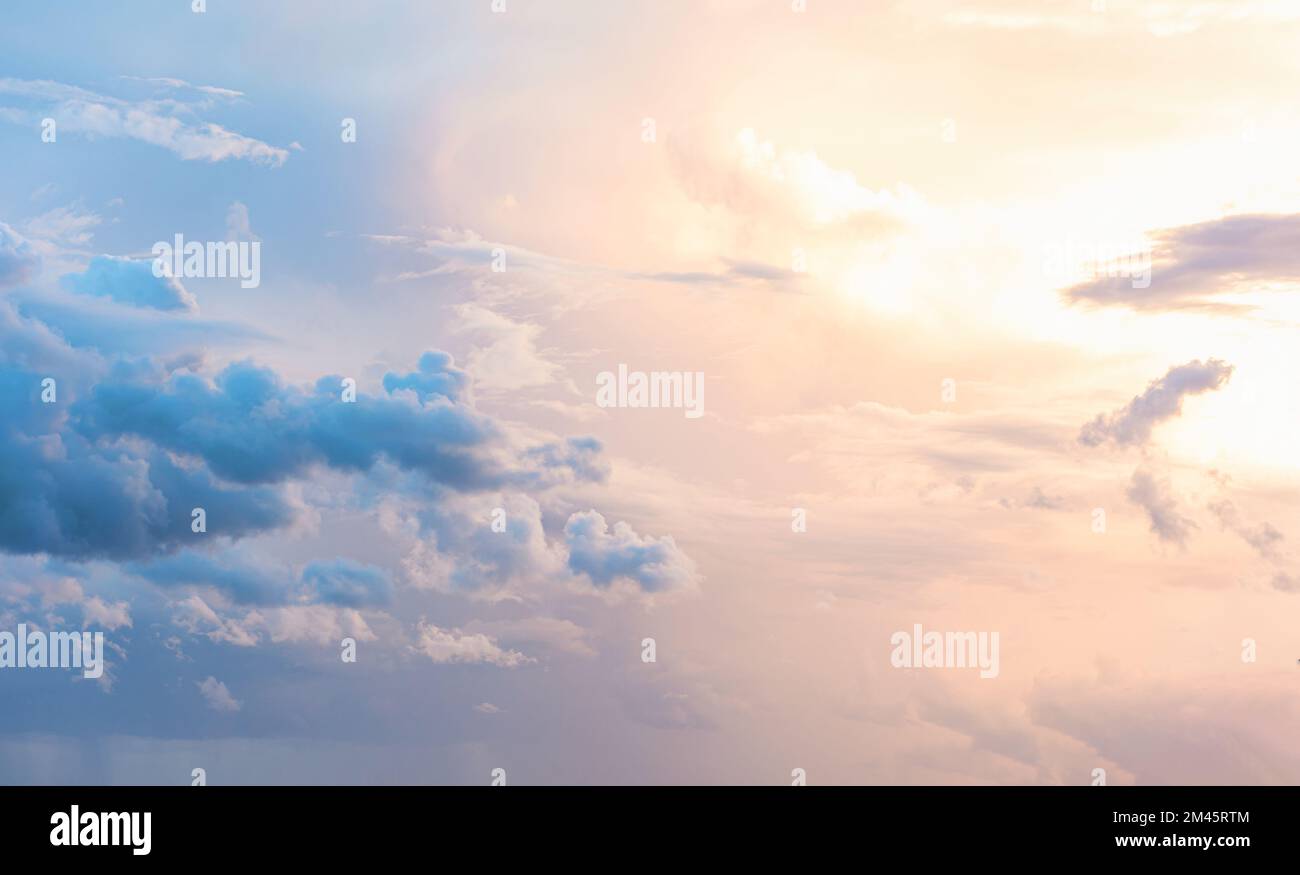 Delicate sunrise in the sky with clouds. Copy space. Magic tender ...