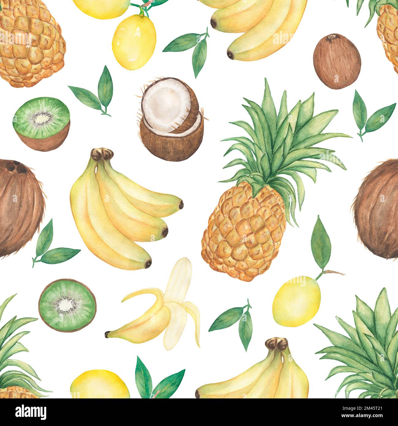 Watercolor tropical fruits seamless pattern, coconut, banana, kiwilemon ...