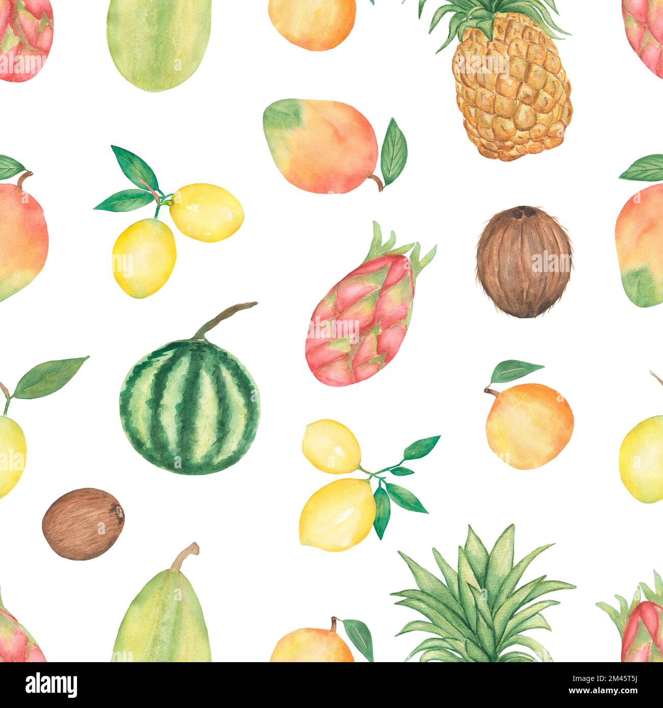 Watercolor tropical fruits seamless pattern, hand drawn coconut, kiwi ...