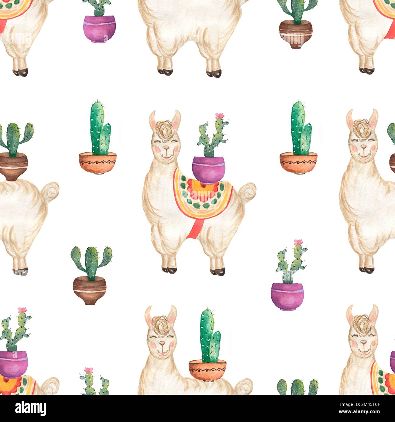 Watercolor cute alpaca seamless pattern. Cacti digital paper, cactus ...