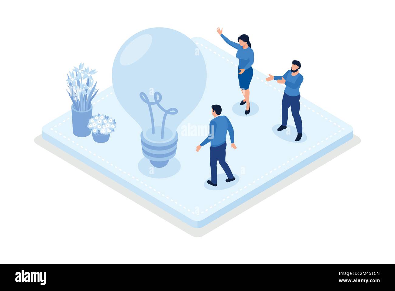 Characters standing near light bulbs and celebrating success, isometric ... Characters standing near light bulbs and celebrating success, isometric ...