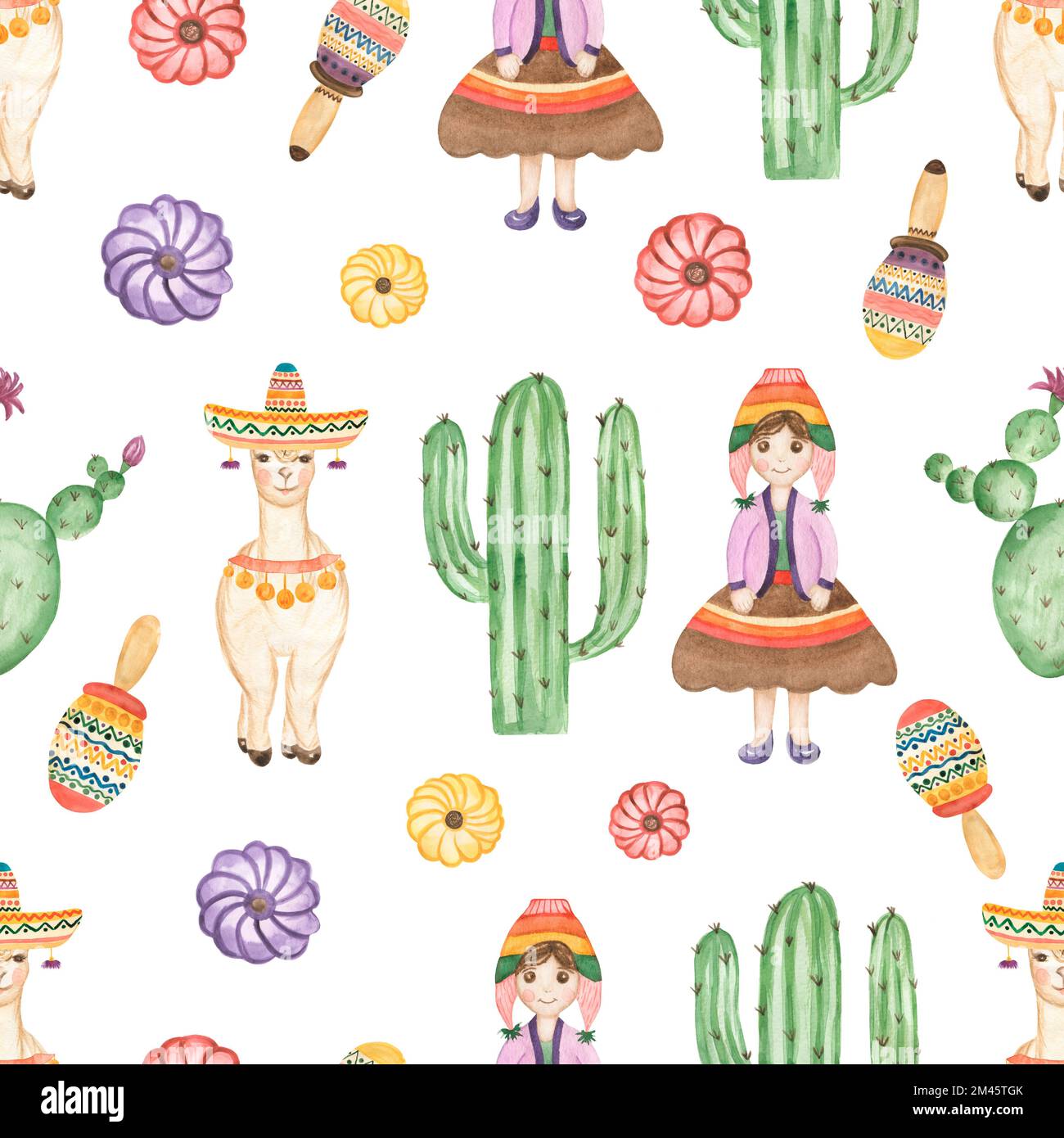 Watercolor cute alpaca seamless pattern. Cacti digital paper, cactus ...