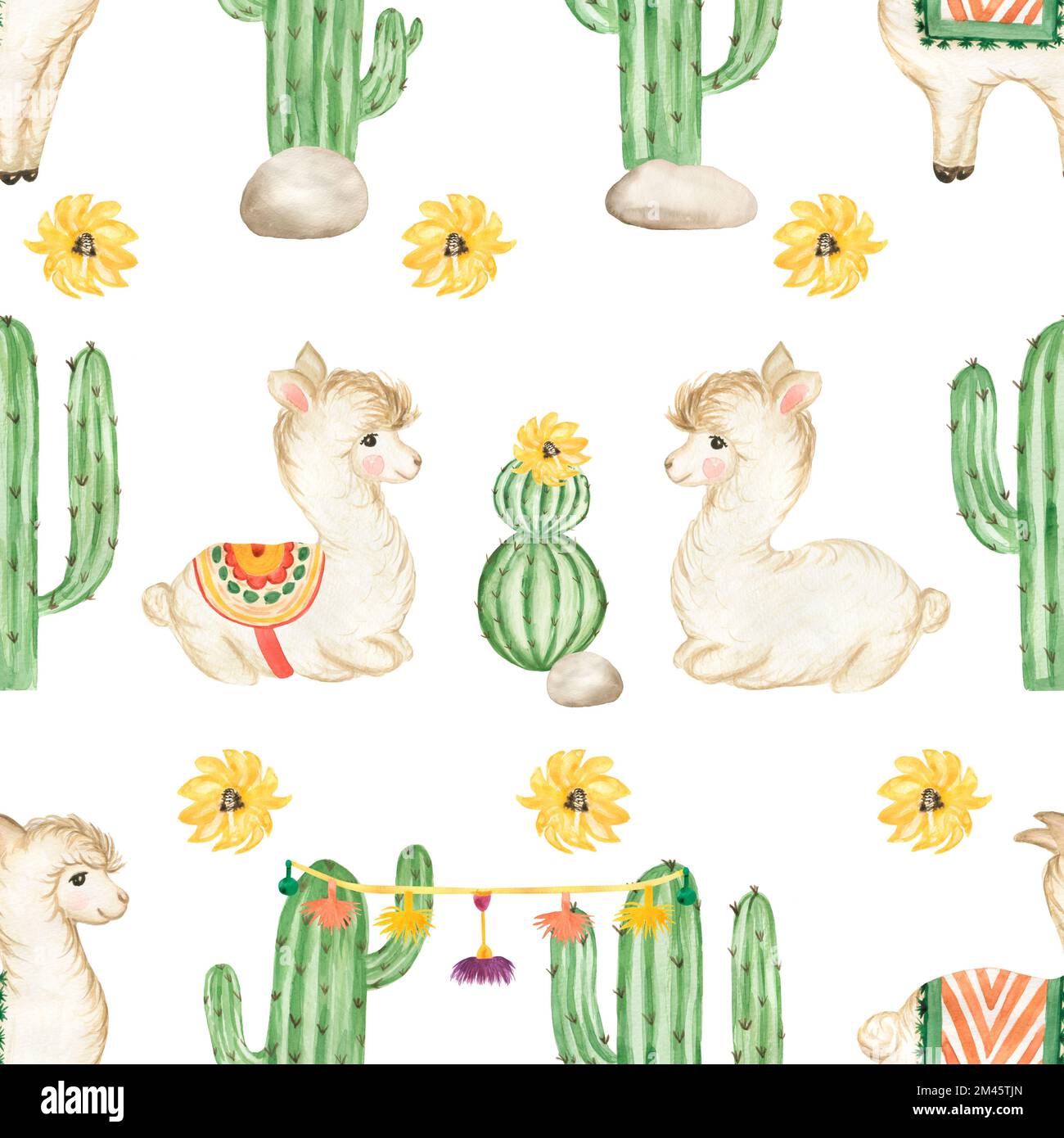 Watercolor baby alpaca seamless pattern. Cacti digital paper, cactus ...